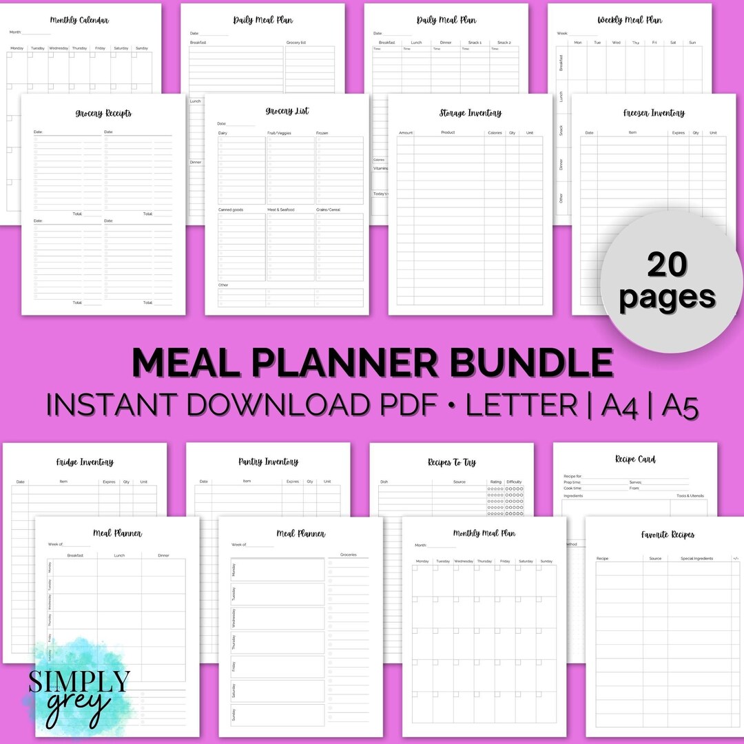Meal Planner Bundle Printable, Meal Calendar, Household Planner ...