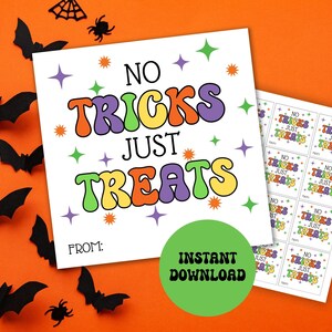 Retro Halloween Favor Tags, Printable Gift Tags, No Tricks Just Treats ...