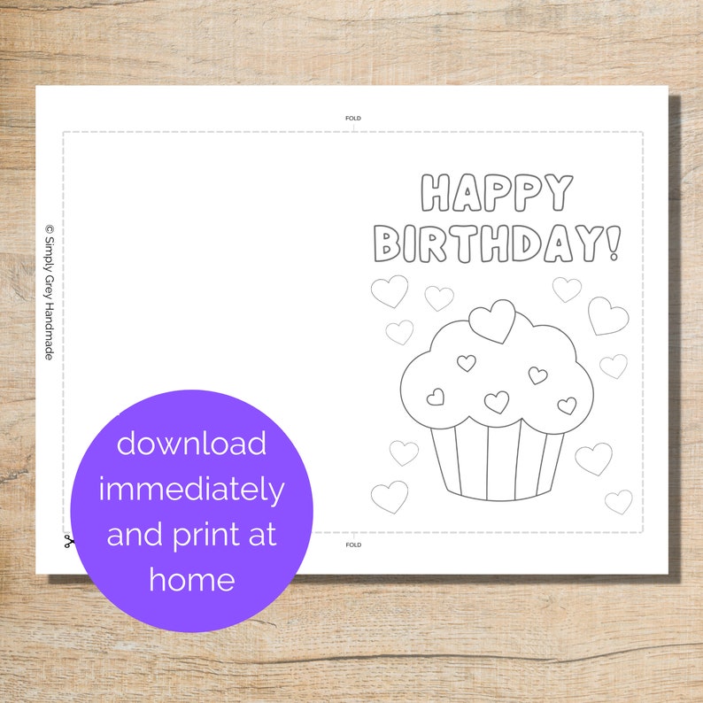Printable Happy Birthday Coloring Card, Cupcake Birthday Card, Birthday ...