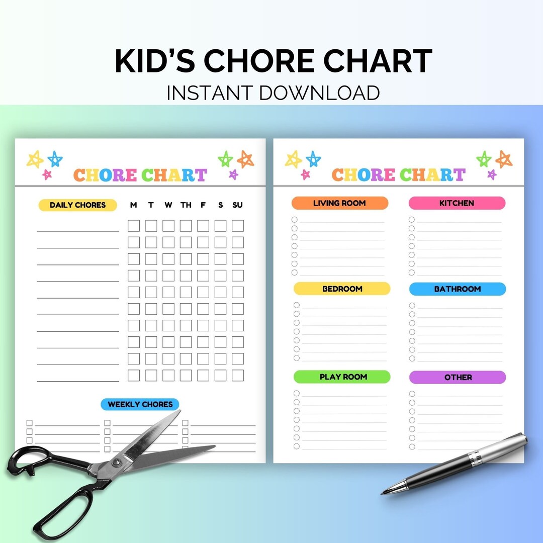 Printable Kids Chores Chart, Daily Responsibilities, Kids Weekly and ...