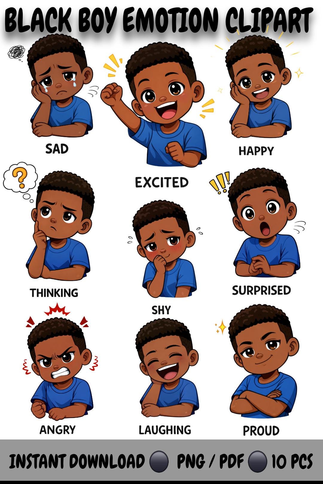 Black Boy Emotions Clipart Bundle | Kids Feelings PNG | Social ...
