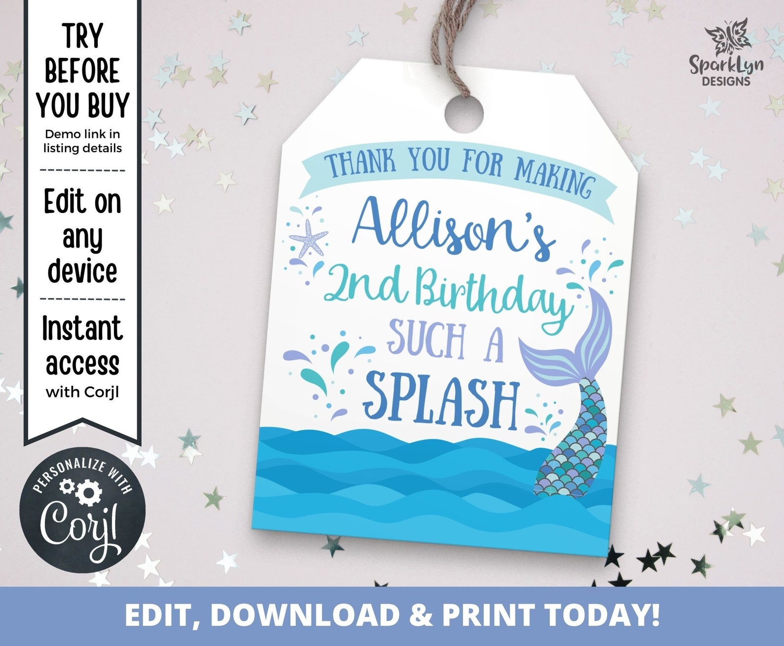 Printable Mermaid Birthday Favor Tags Thank You Tags Splish Splash ...
