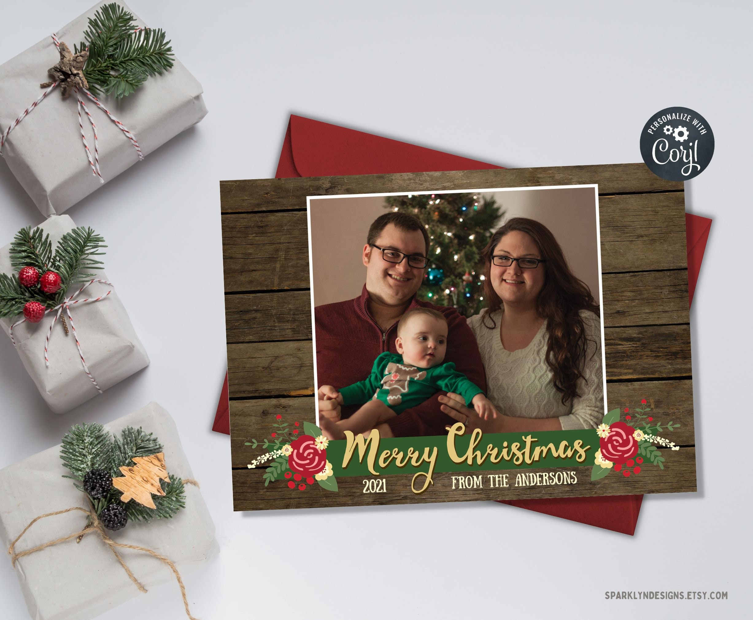 Editable Rustic Christmas Photo Card, Country Christmas Card, Family ...