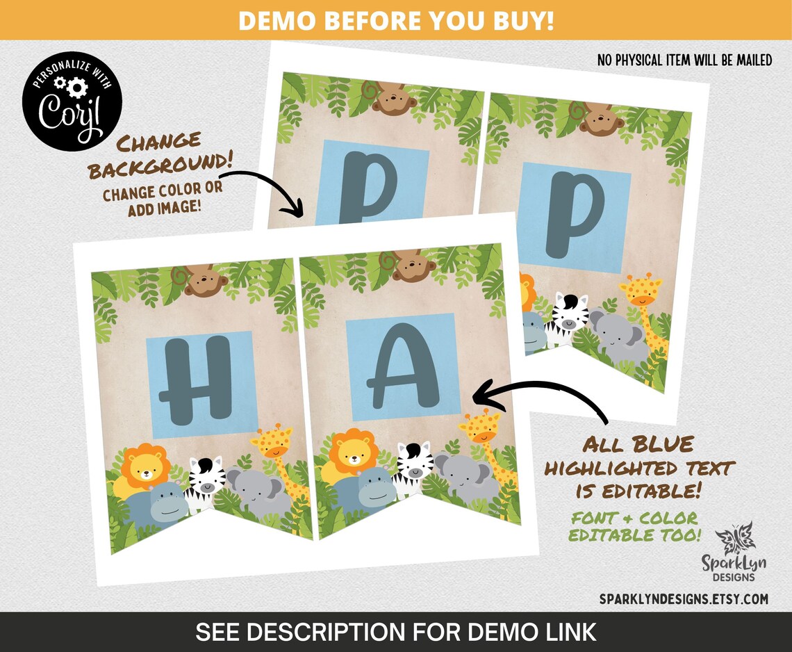 Printable Jungle Animals Birthday Banner Boy Birthday Banner Party Flag ...