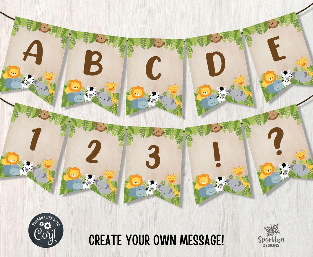 Printable Jungle Animals Birthday Banner Boy Birthday Banner Party Flag ...