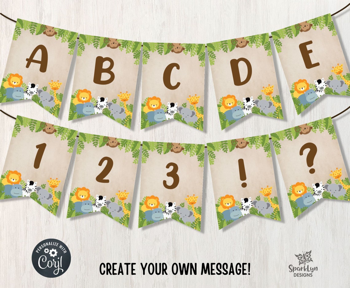 Printable Jungle Animals Birthday Banner Boy Birthday Banner Party Flag ...