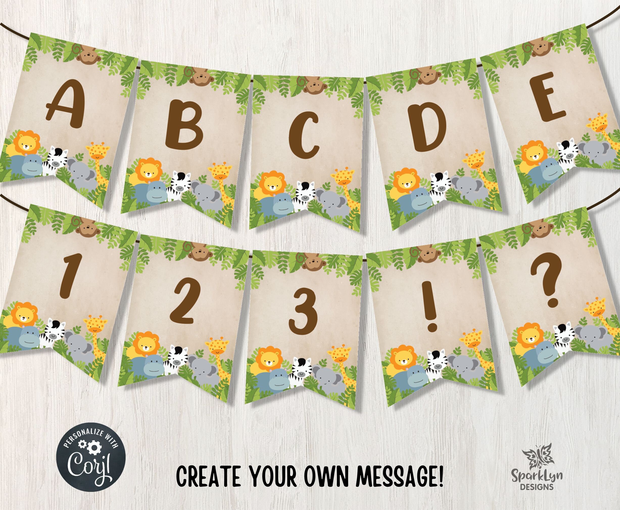 Printable Jungle Animals Birthday Banner Boy Birthday Banner Party Flag ...