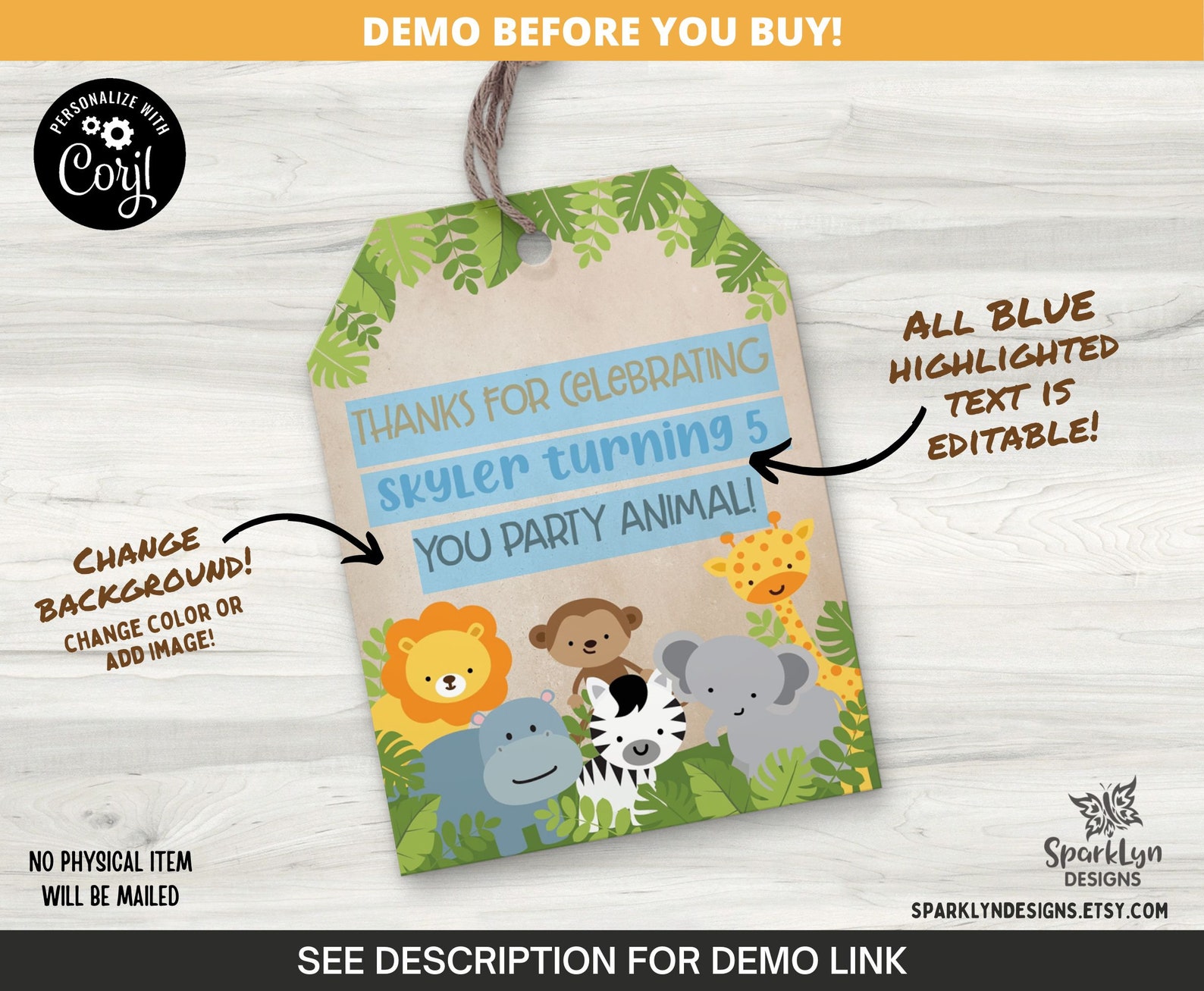 Printable Jungle Birthday Favor Tags Thank You Tags Party Animals ...