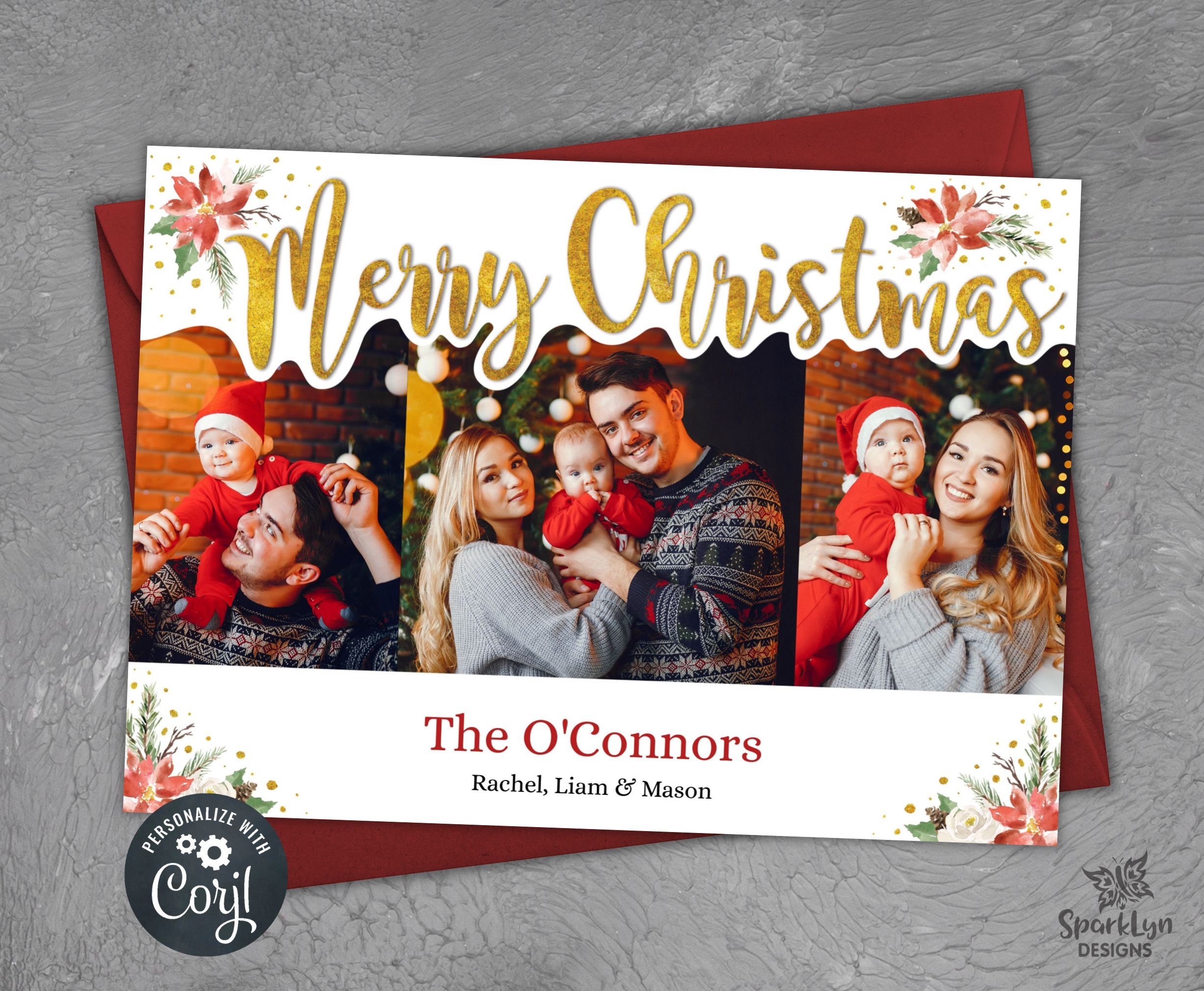 Editable Gold Christmas Photo Card, Watercolor Floral Merry Christmas ...