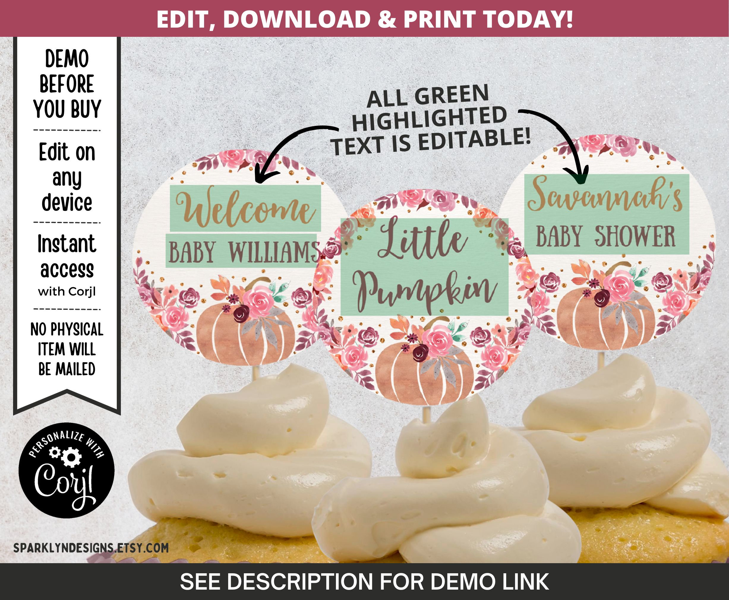 Editable Pumpkin Baby Shower Cupcake Toppers, Boho Fall Floral Pumpkin Toppers Little Pumpkin ...