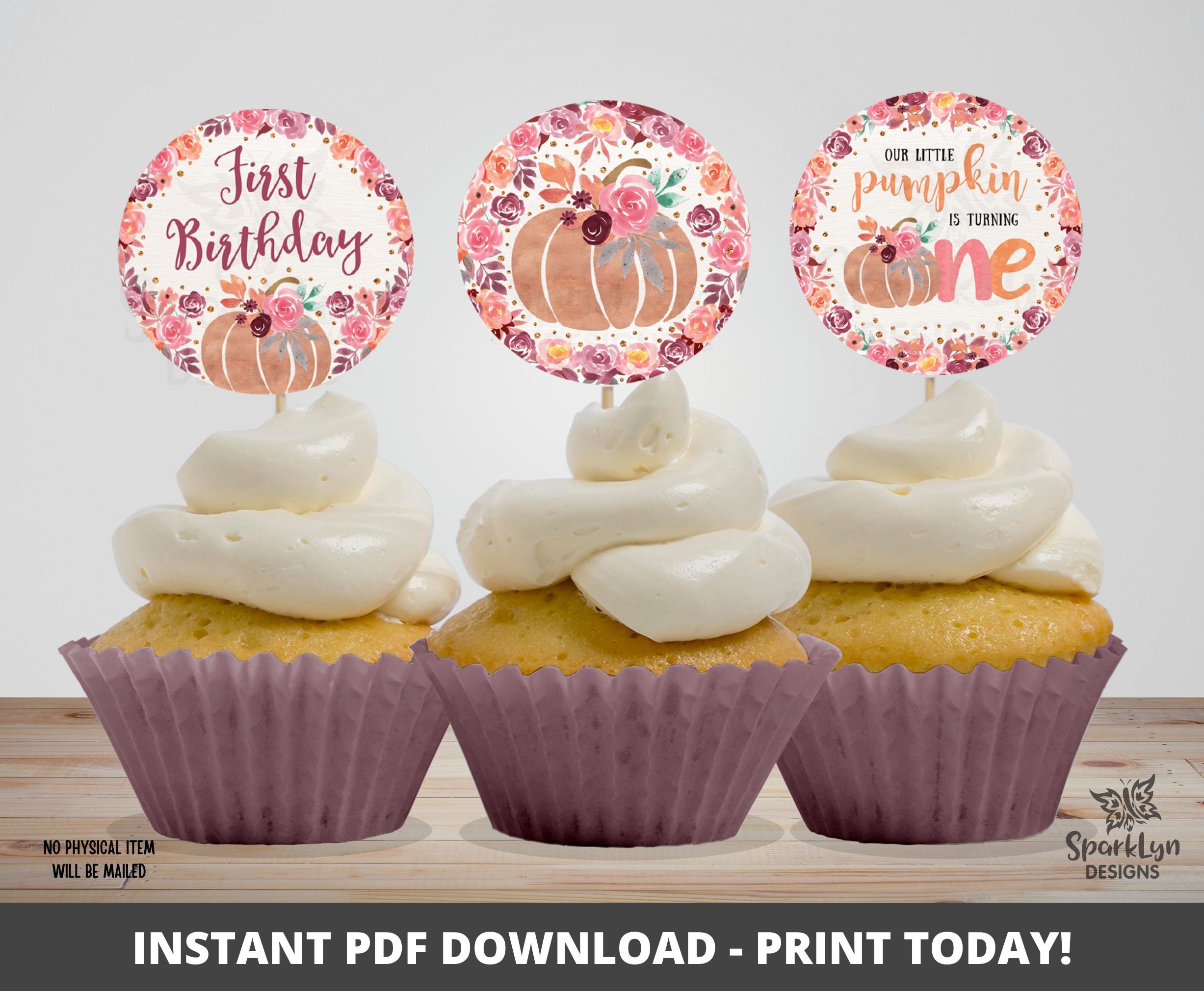 Printable First Birthday Cupcake Toppers, Boho Pumpkin Toppers Fall ...