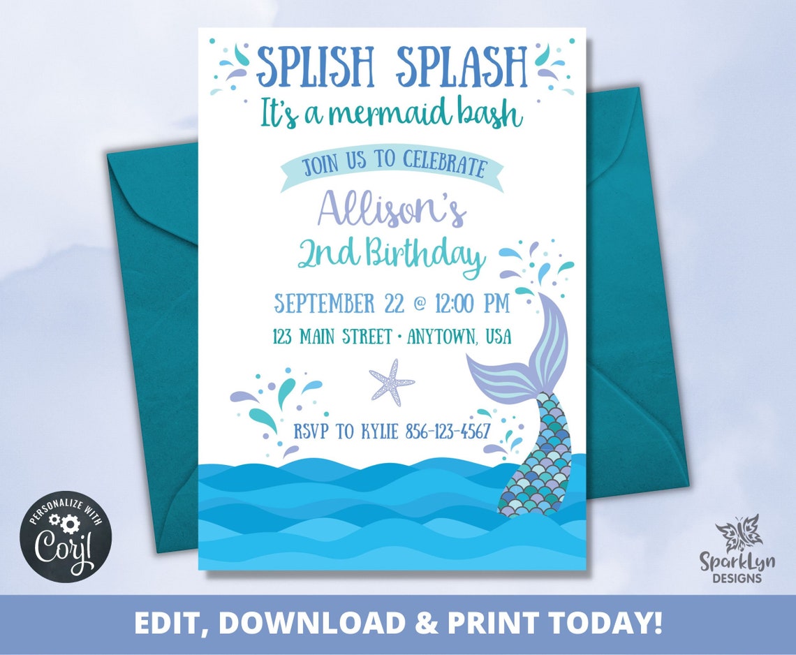 Splish Splash Mermaid Bash Printable Mermaid Birthday - Etsy