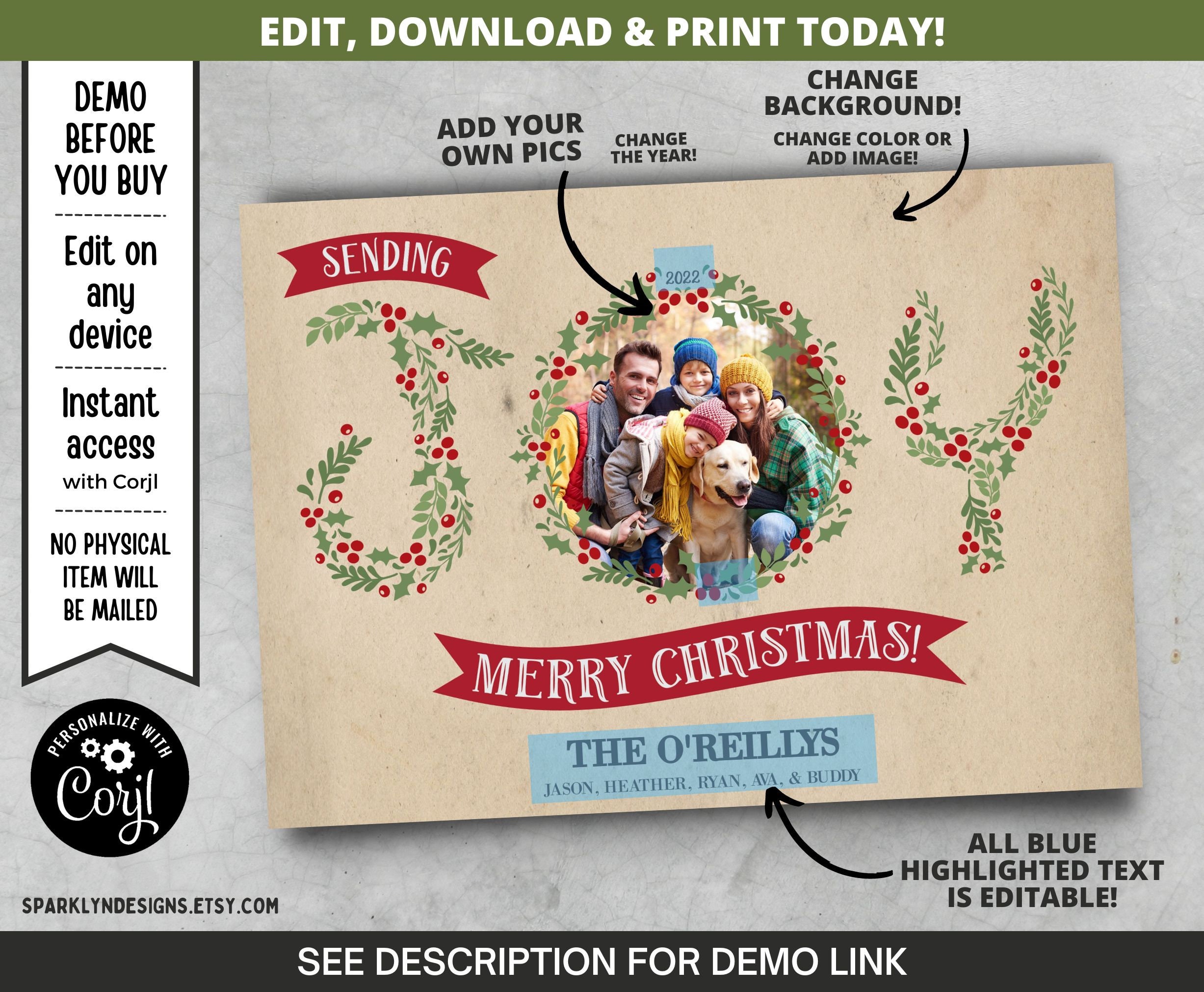 EDITABLE Christmas Joy Photo Card, Christmas Photo Card, Merry ...