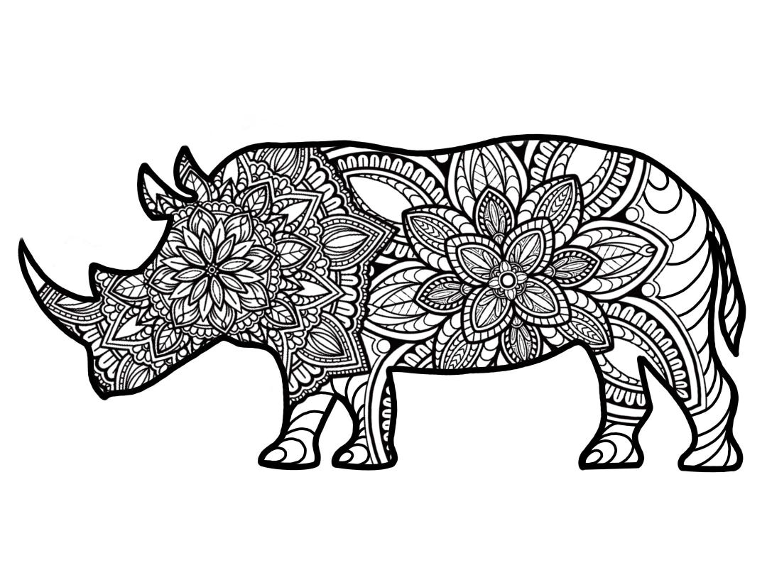 Rhino Mandala Adult Coloring Art Pages for Mindfulness Meditation and ...