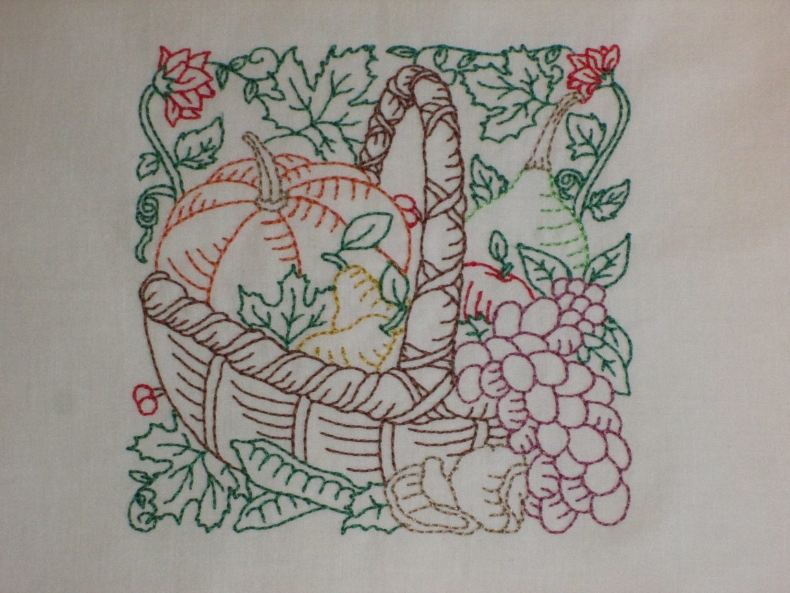Redwork / Colorwork Harvest Basket - Machine Embroidery Designs - Etsy