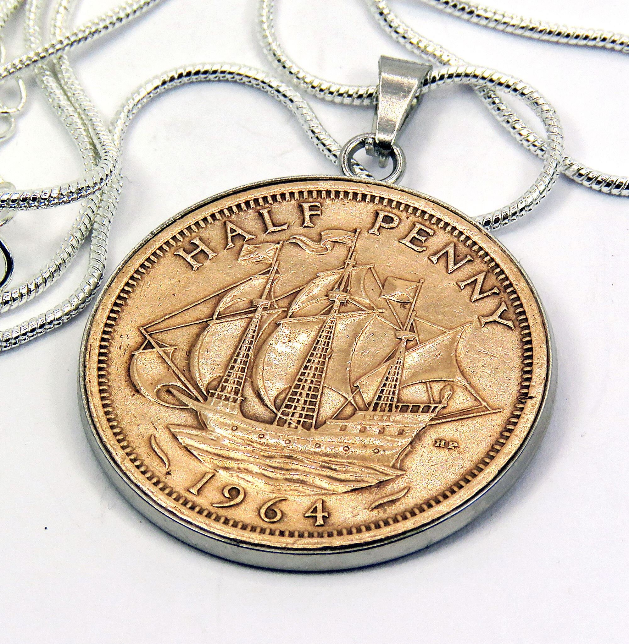 60th Birthday Necklace, 1964 Half Penny on a 16 to 18 Inch Snake ...