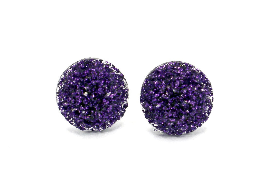 Glitter Stud Earrings in Purple, Stainless Steel Posts, 1.2 Cm in ...