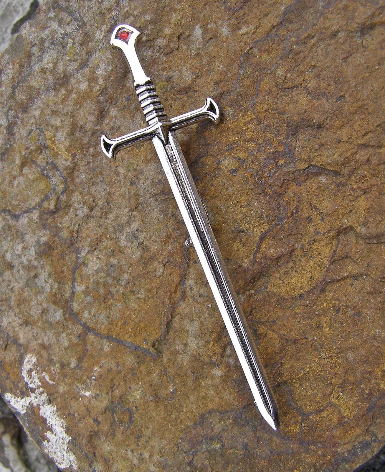 Sword Brooch, Lapel Pin, Silver Colour, Red Rhinestone, Gift for Him ...