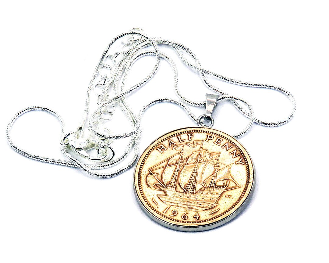 60th Birthday Necklace, 1964 Half Penny on a 16 to 18 Inch Snake ...