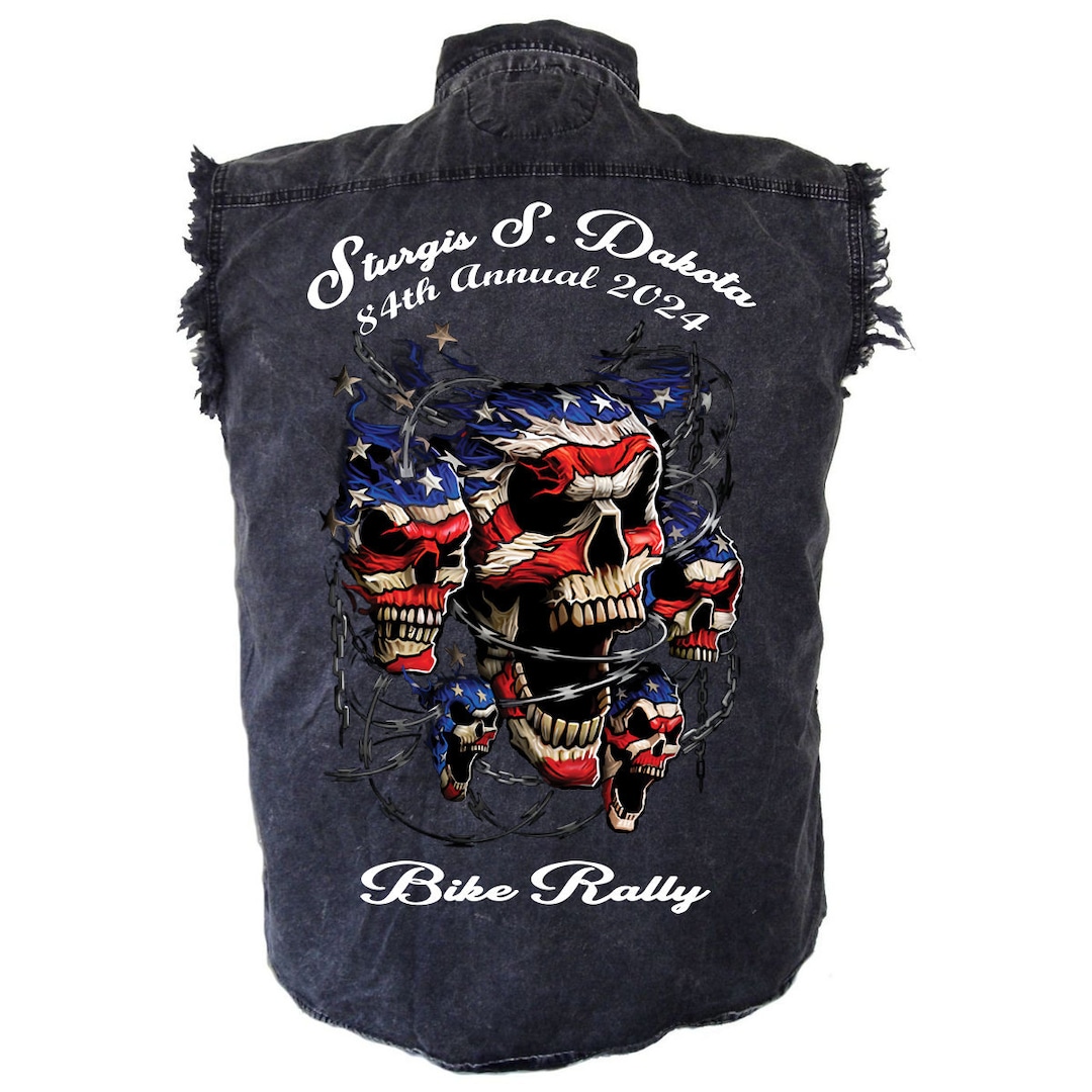 Mens 2024 Sturgis Bike Rally Patriotic Red White and Blue Screaming Skulls Sleeveless Denim ...