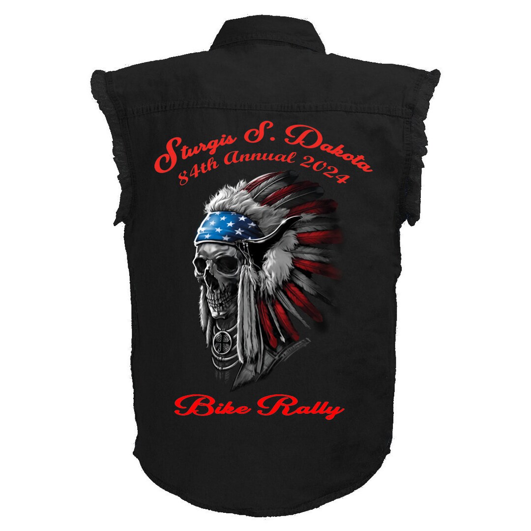 Mens Sturgis 2024 Bike Rally Native American Chief Skull Sleeveless ...