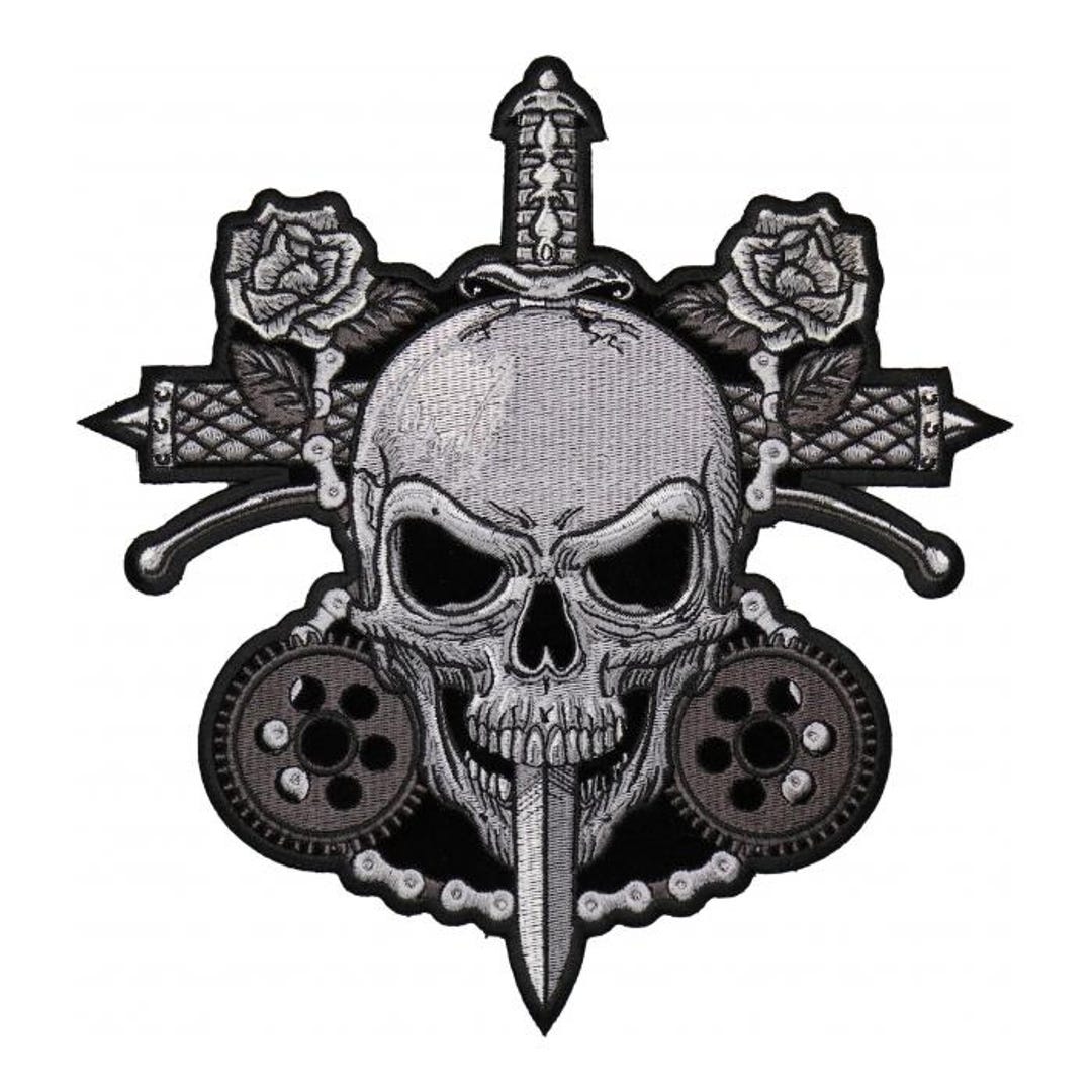 Skull Roses and Sword in Silver and Gray Color Motorcycle Embroidered ...