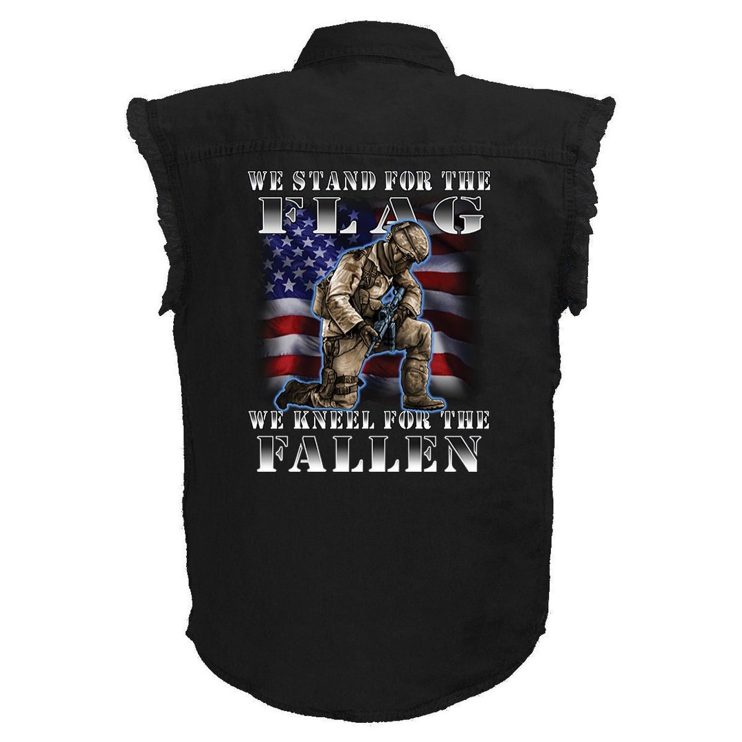 Mens Kneel for the Fallen Patriotic Sleeveless Denim Biker Shirt ...
