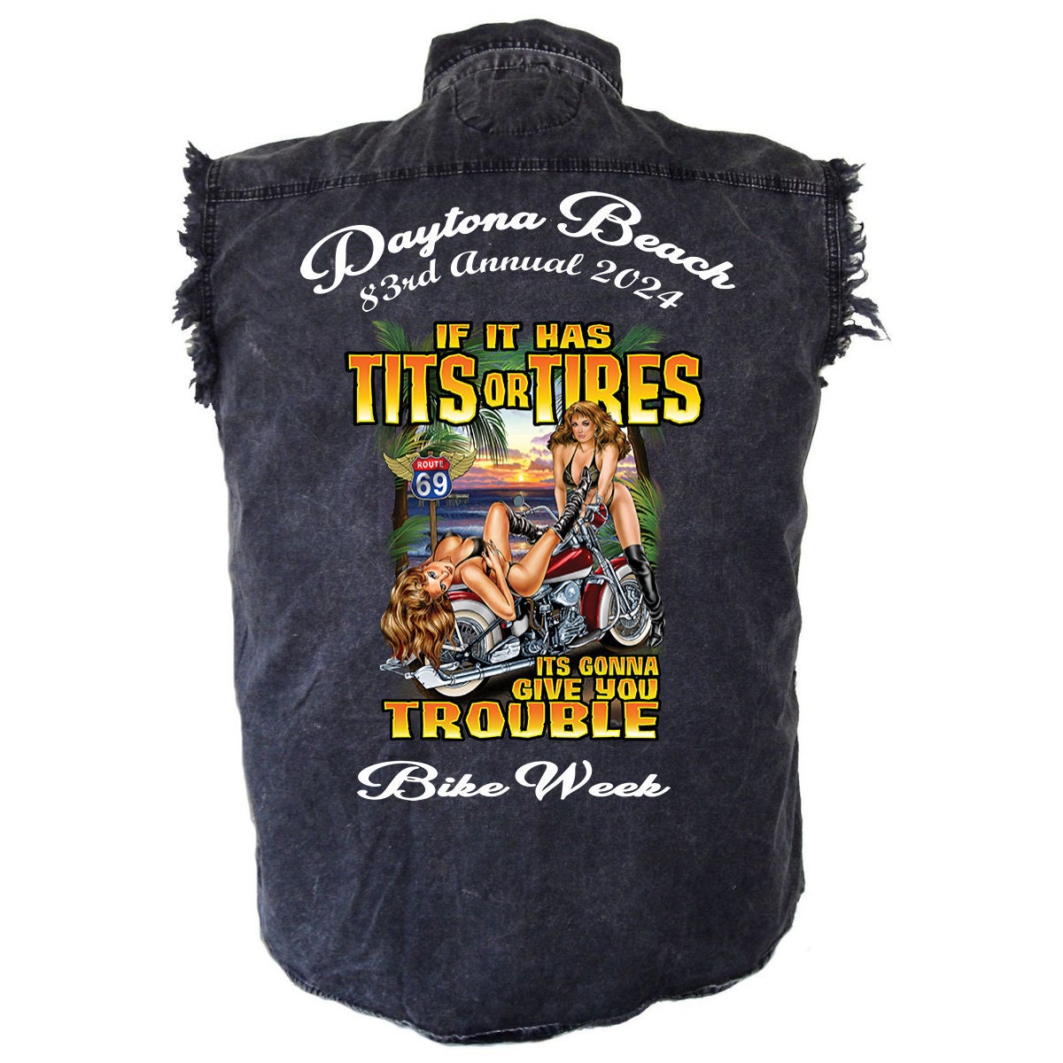 Mens Daytona Beach 2024 Bike Week Hot Biker Babes Sleeveless Denim ...