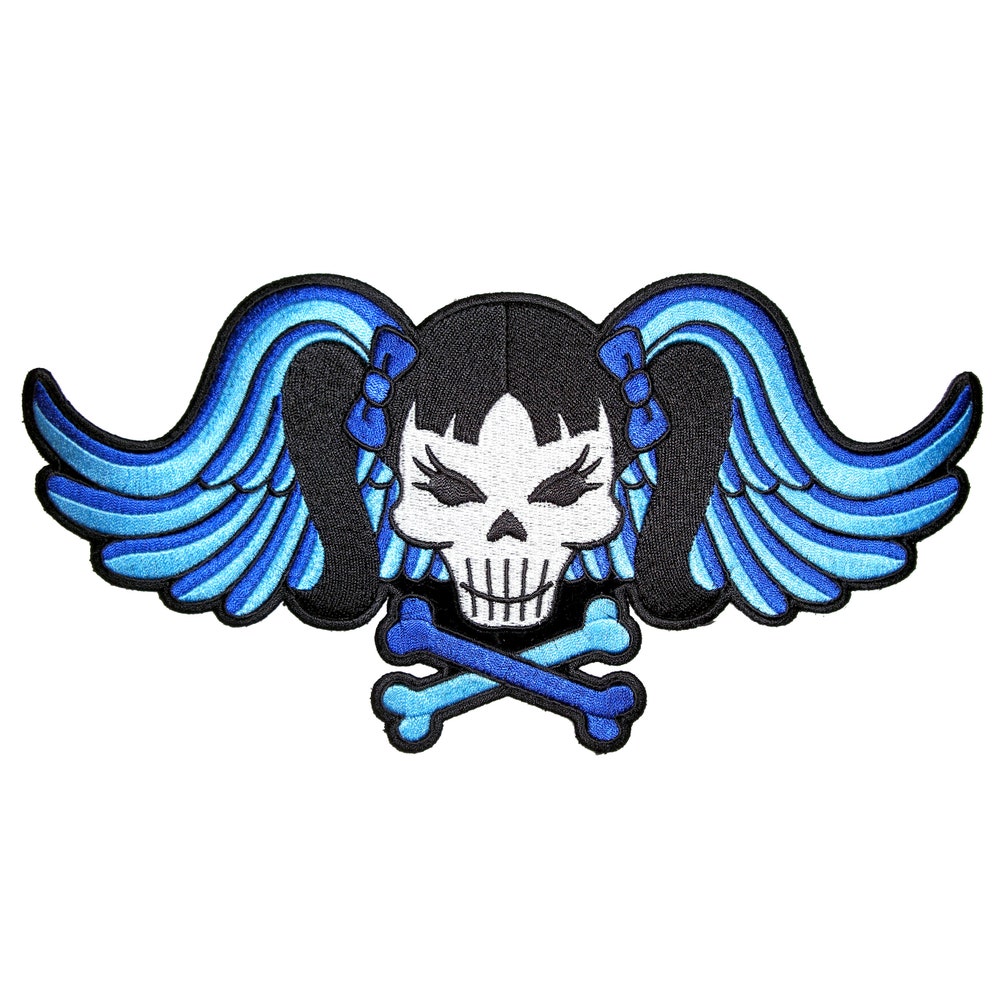 Ladies Blue Pigtail Skull Wings Embroidered Biker Patch, Two Sizes | Shop