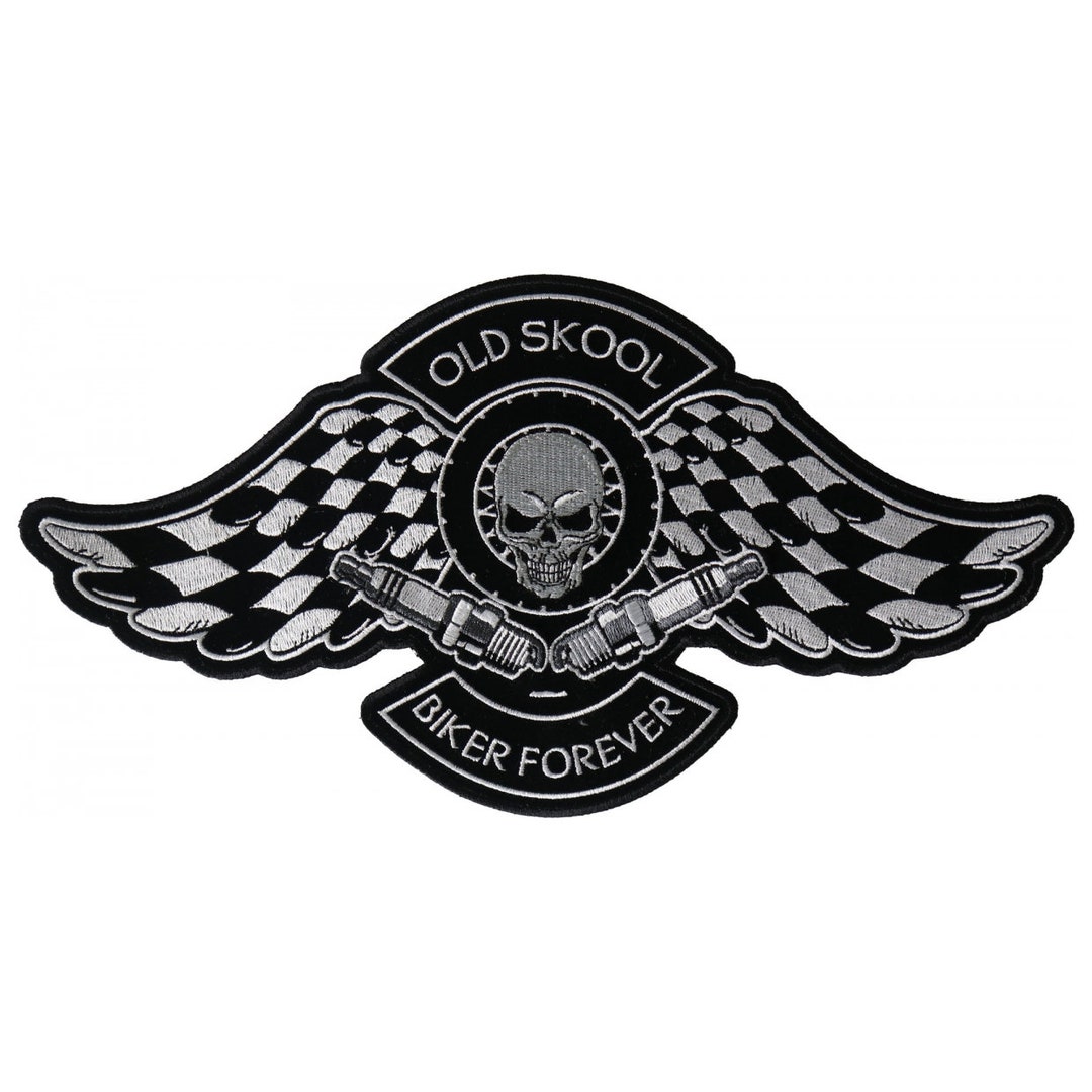 Old Skool Biker Forever Skull Wings Motorcycle Rider Embroidered Biker ...
