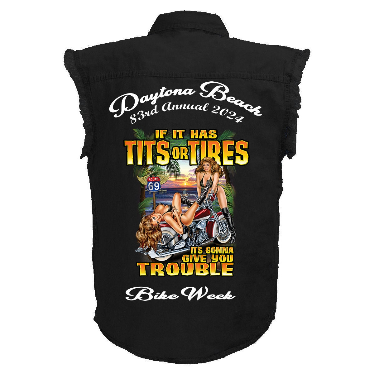 Mens Daytona Beach 2024 Bike Week Hot Biker Babes Sleeveless Denim ...