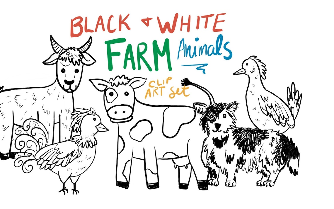 Hand Drawn Farm Animals Black and White Farm Animal Clip Art - Etsy