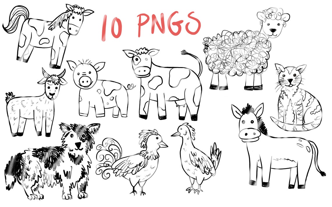 Hand Drawn Farm Animals Black and White Farm Animal Clip Art - Etsy