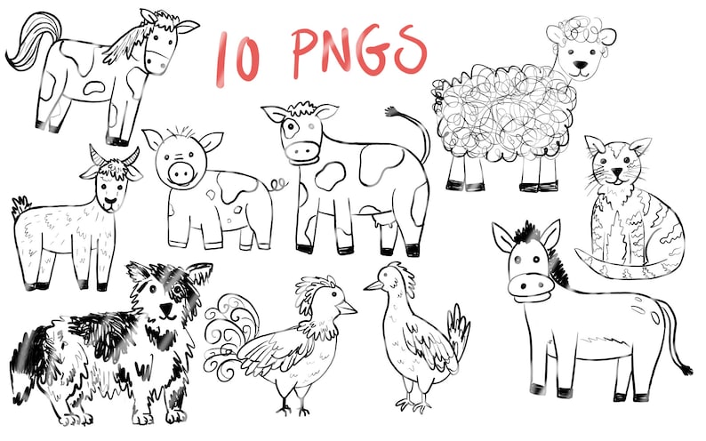Hand Drawn Farm Animals Black and White Farm Animal Clip Art - Etsy