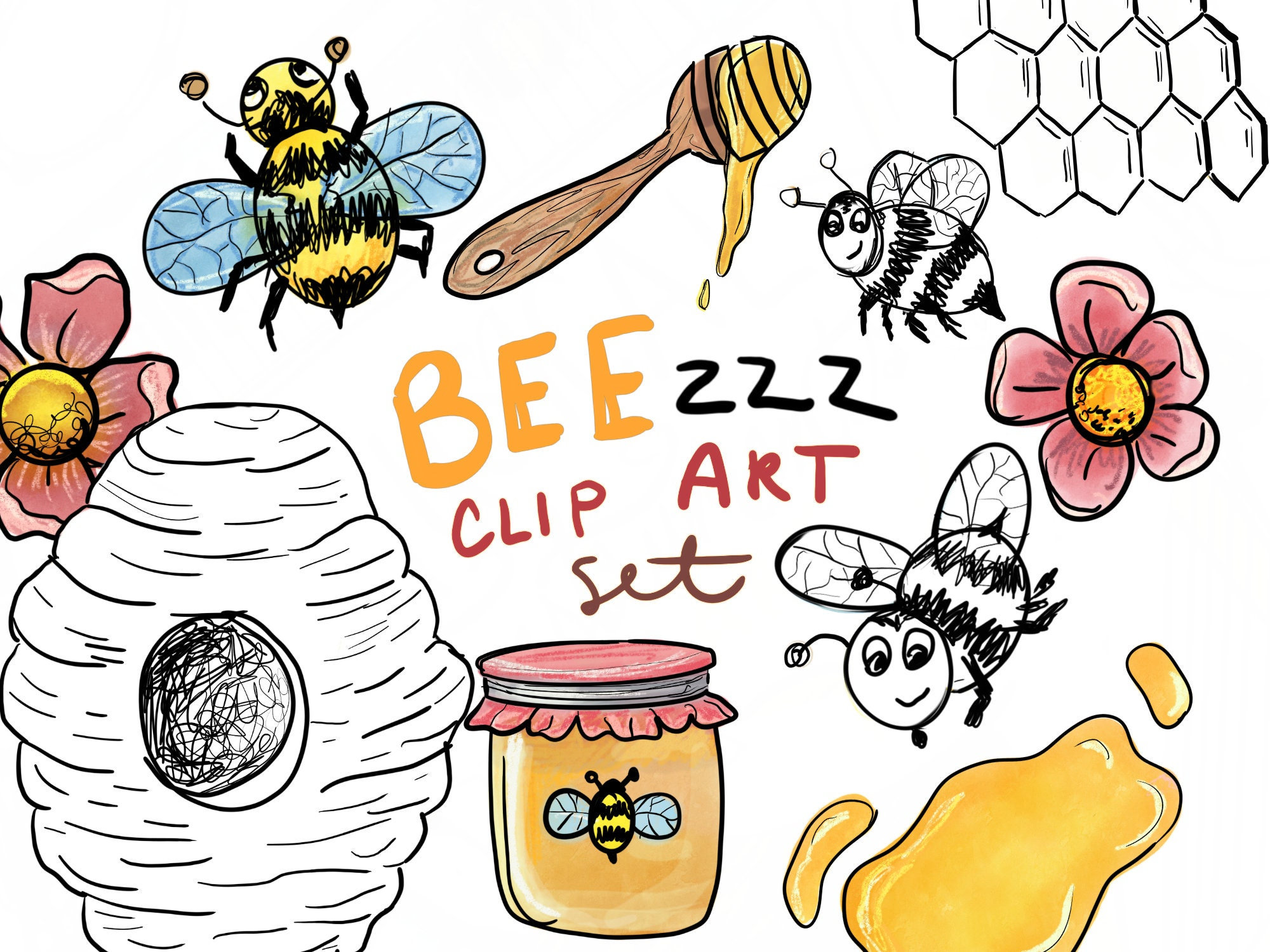 Mixed Bees Clip Art Set Hand Drawn Bees Clip Art Black and - Etsy