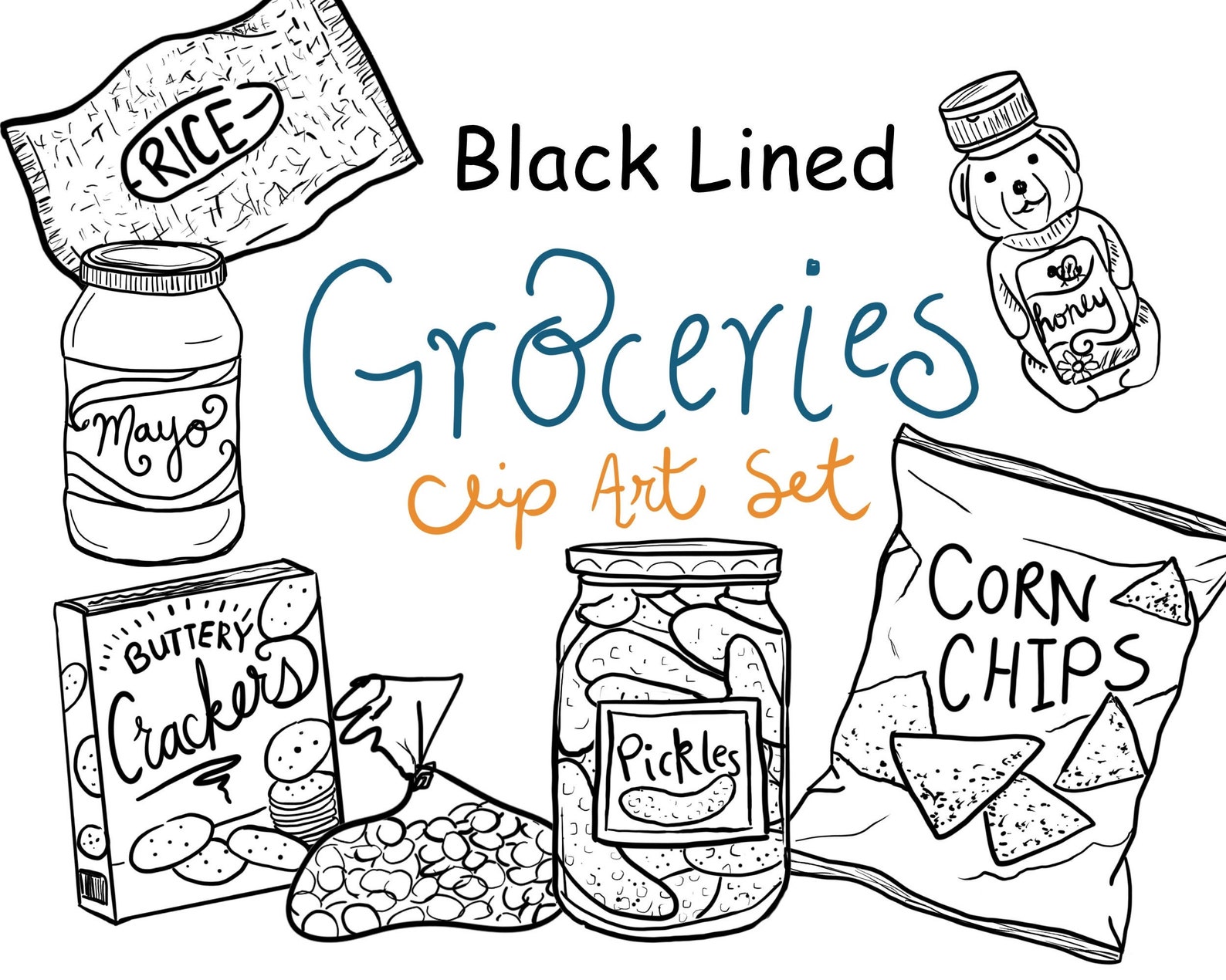 Black Lined Grocery Clip Art Line Work Clip Art Hand Drawn Food Clip ...