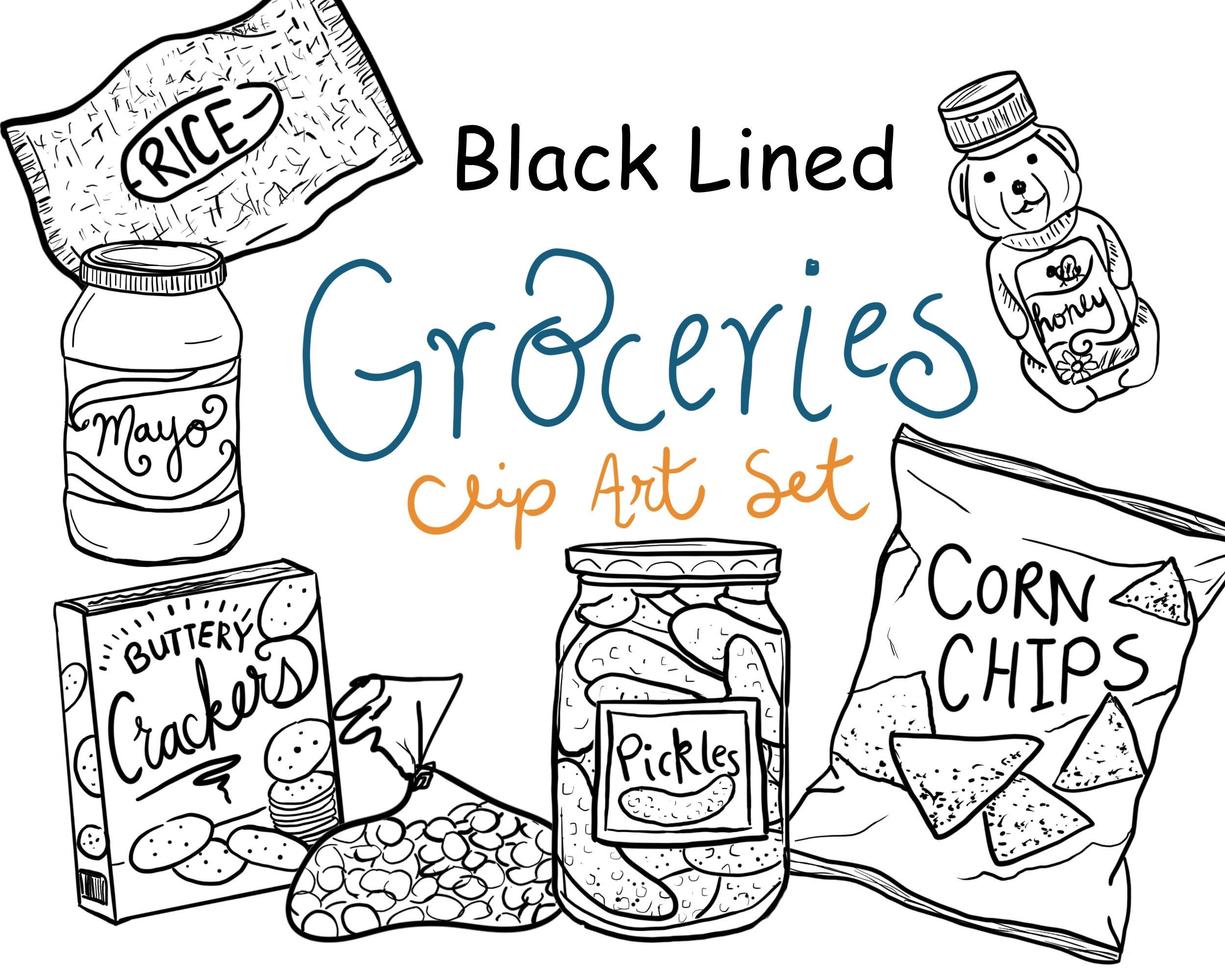 Black Lined Grocery Clip Art Line Work Clip Art Hand Drawn Food Clip ...