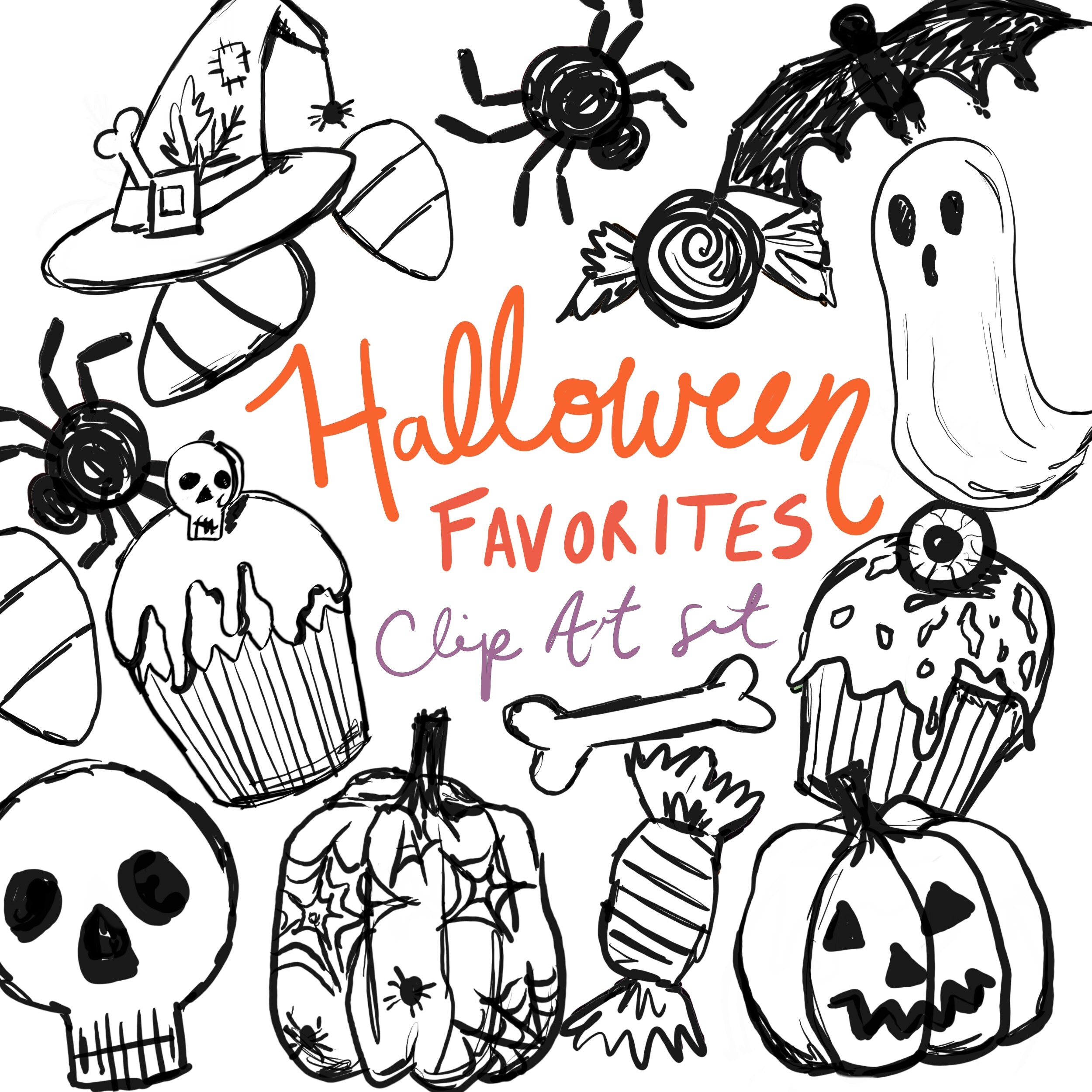Black and White Halloween Favorites Clip Art Halloween Line - Etsy