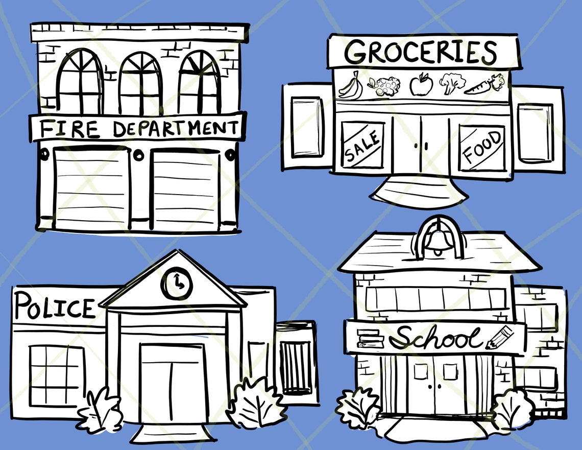 Lineart Town Buildings Clip Art Commercial Use (Download Now) - Etsy
