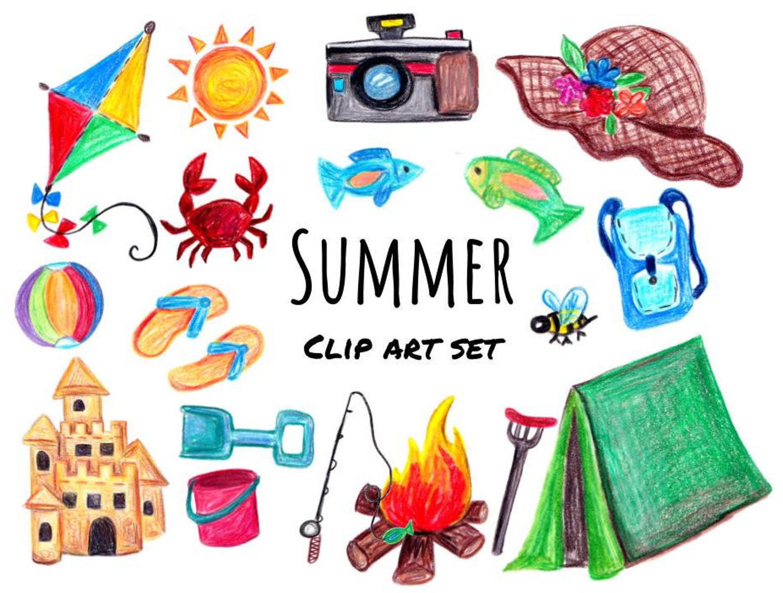 Hand Drawn Summer Clipart, Beach Clipart, Camping Clipart, Printable ...