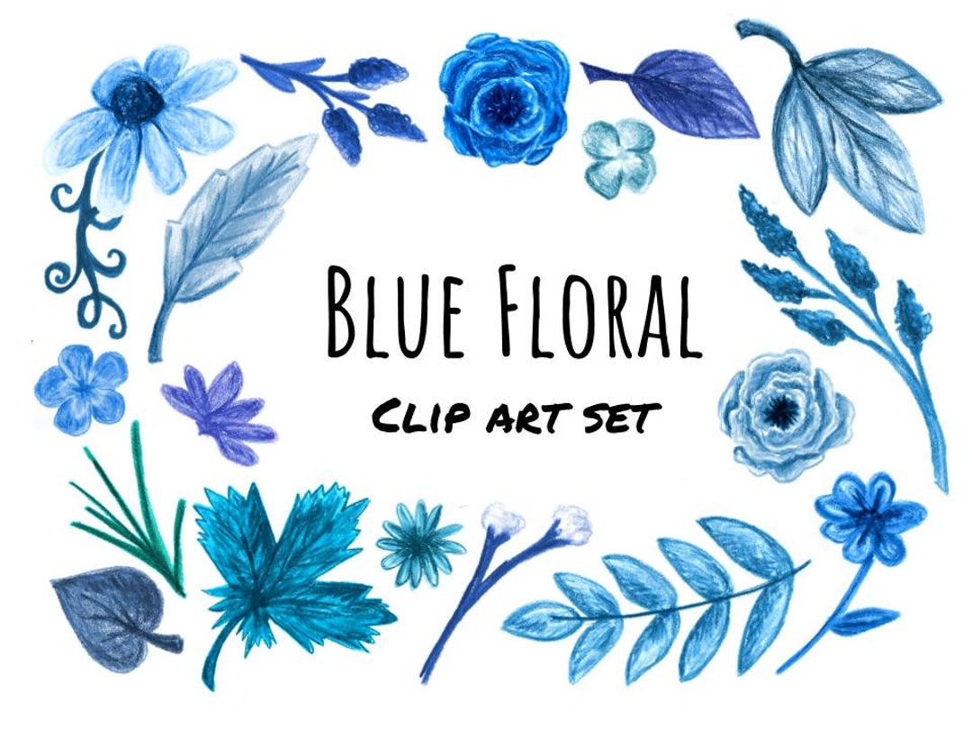 Hand Drawn Blue Floral Clip Art Hand Drawn Clip Art Blue - Etsy