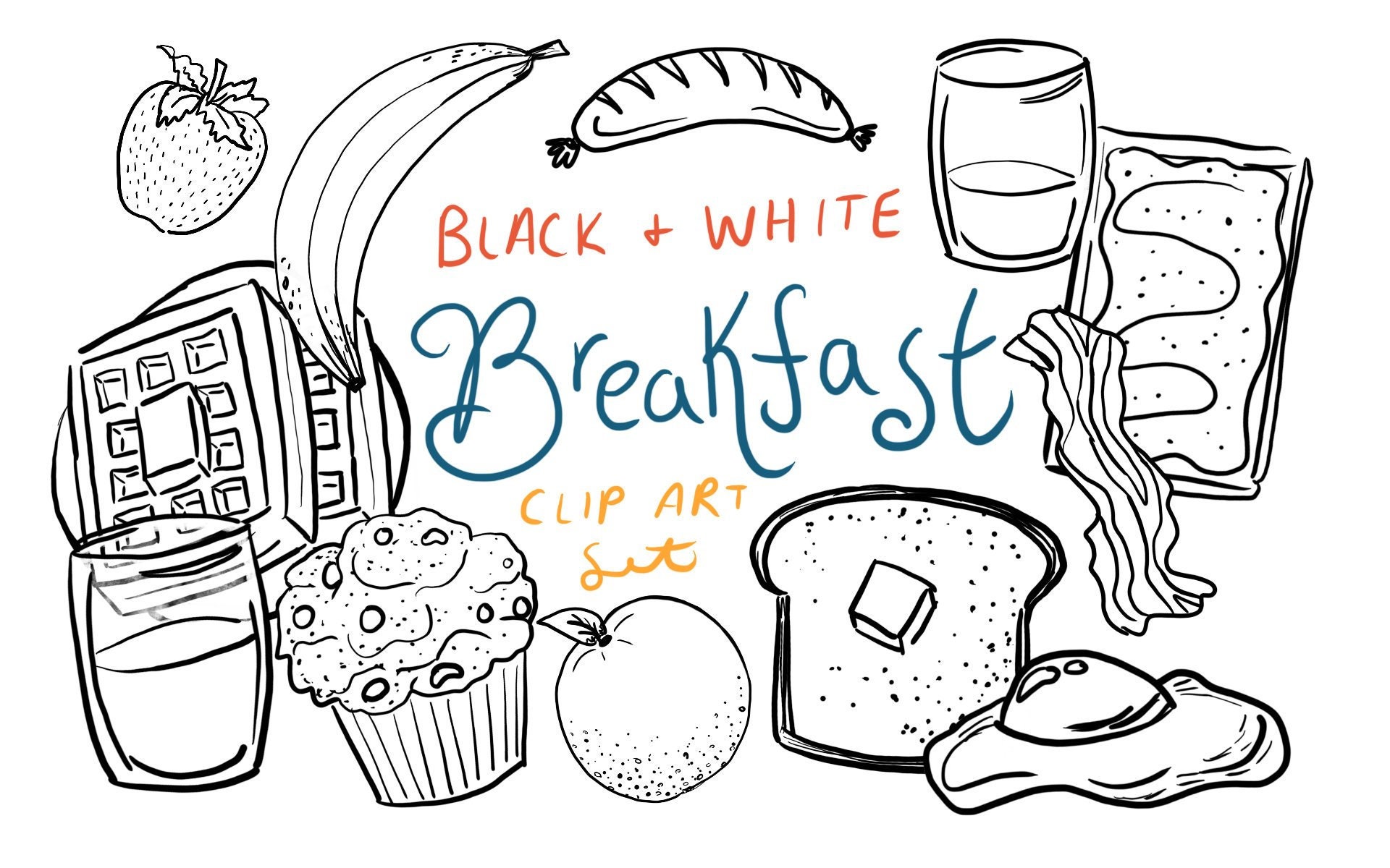 Black And White Breakfast Clip Art Hand Drawn Breakfast Clip Etsy
