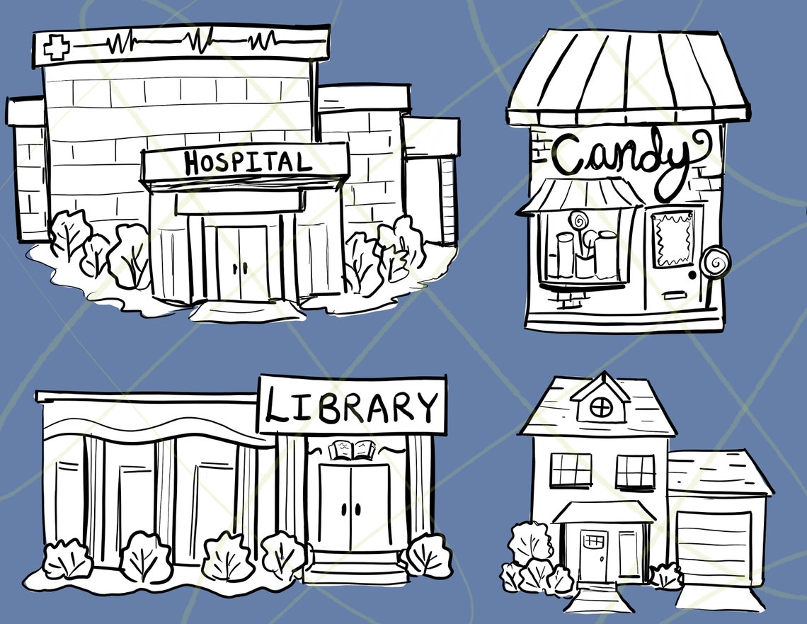 Lineart Town Buildings Clip Art Commercial Use (Download Now) - Etsy