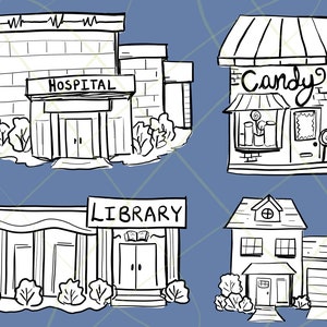 Lineart Town Buildings Clip Art Commercial Use (Download Now) - Etsy
