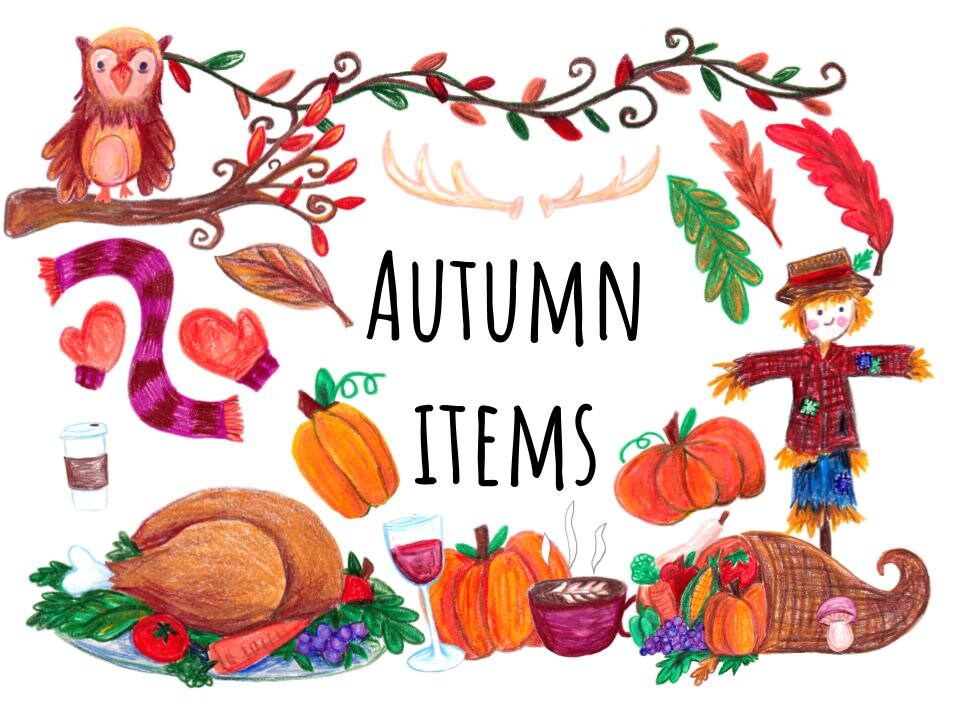 Hand Drawn Autumn Items Clipart Fall Time Clip Art Hand - Etsy
