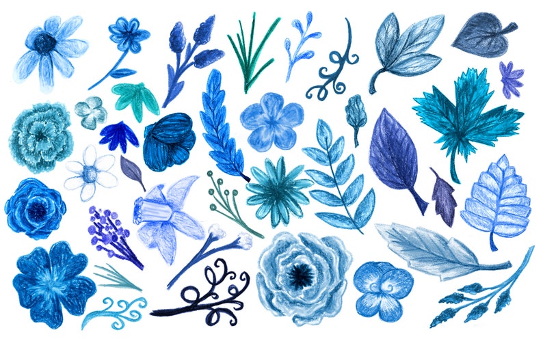 Hand Drawn Blue Floral Clip Art Hand Drawn Clip Art Blue - Etsy
