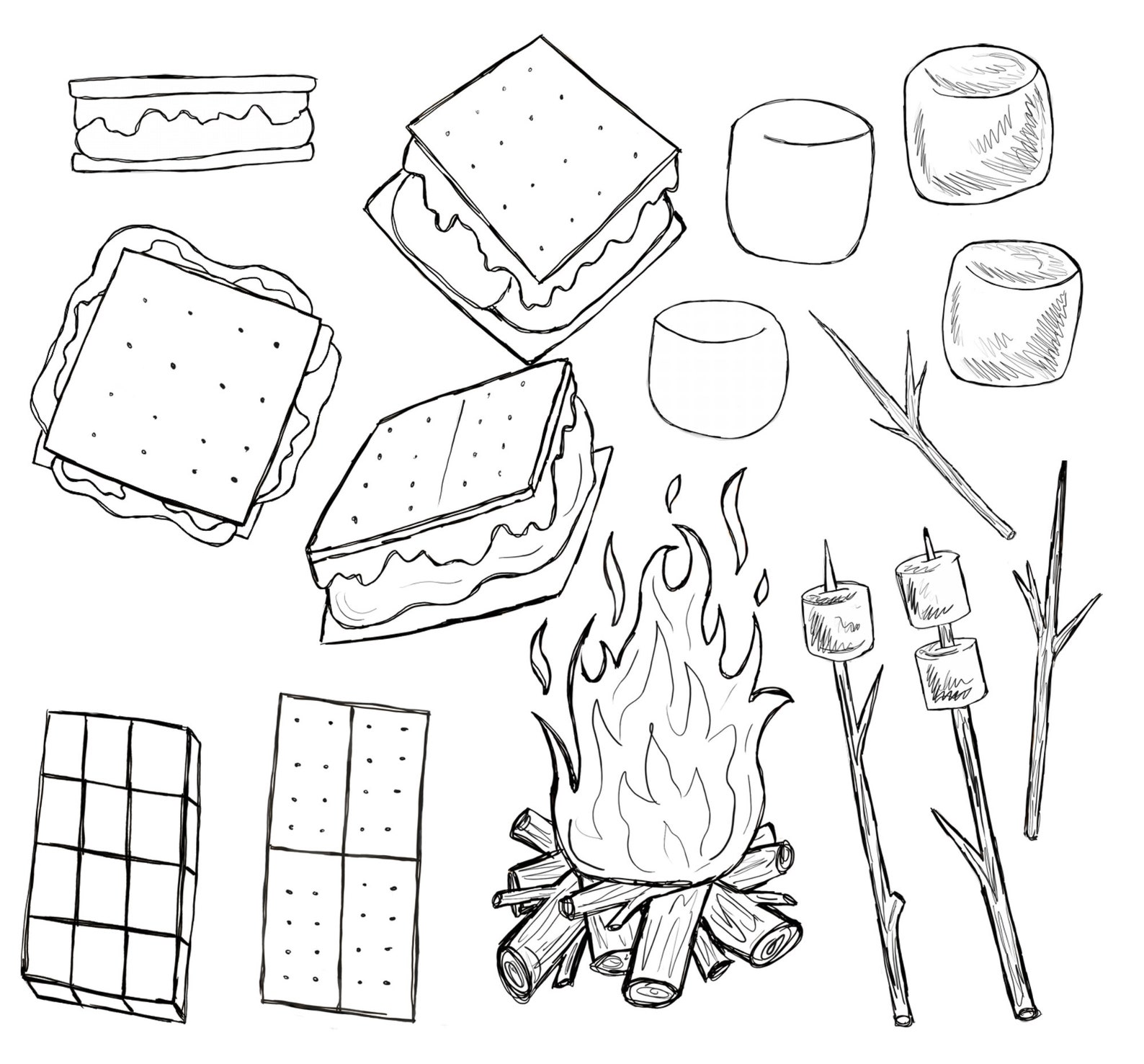 Black Lined Hand Drawn S'mores Clip Art Set, Digitally Drawn Clip Art ...