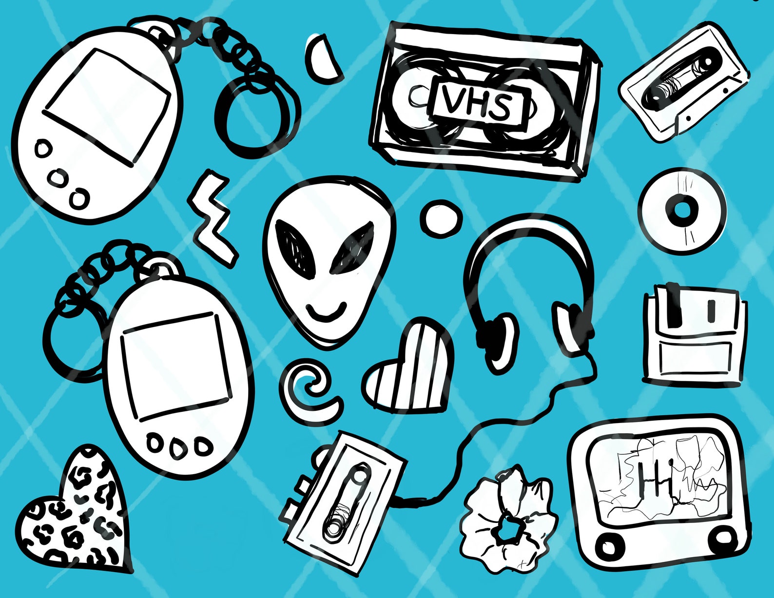 Black and White Hand Drawn 90s Clip Art 90s Nostalgia - Etsy