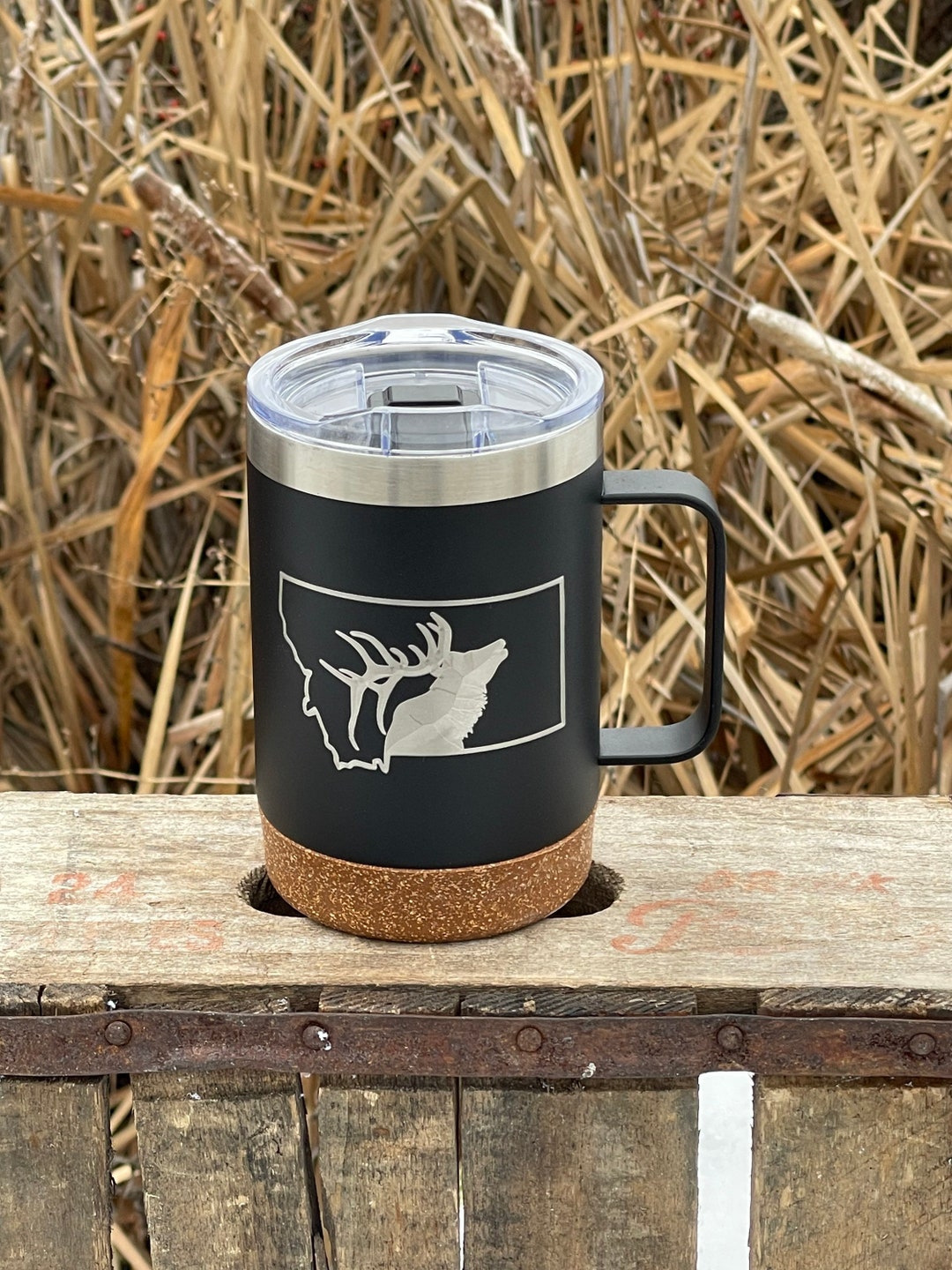 Insulated Cork Bottom Coffee Mug Elk in Montana State Etched 16 OZ ...