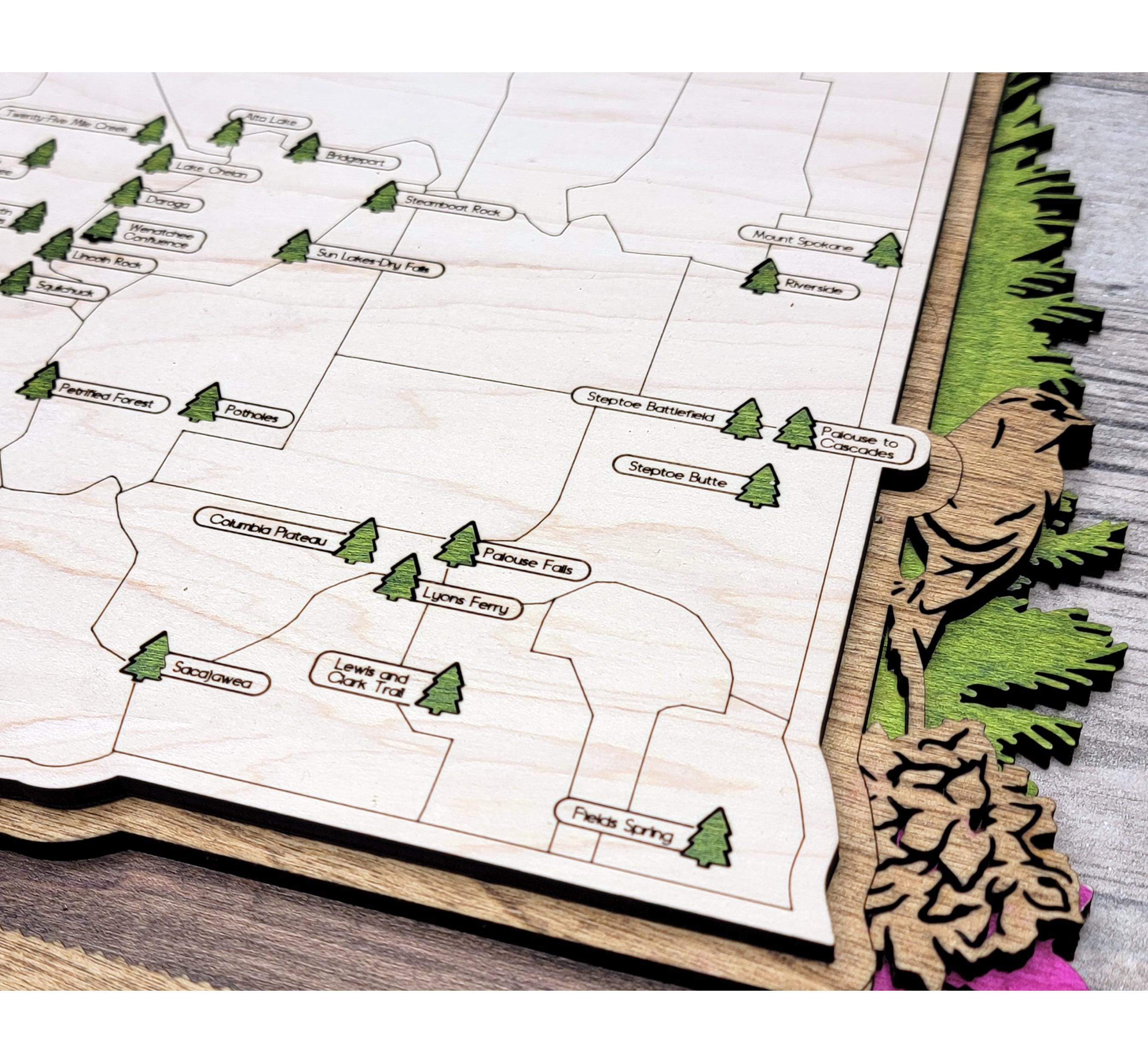Washington Travel Map – Engraved Wood Wall Art | Adventure Gift for ...